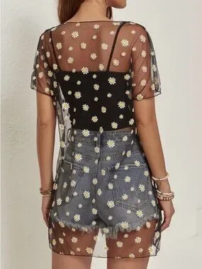 Tops | Daisy Embroidered Seethrough Overlay Top | Poshmark